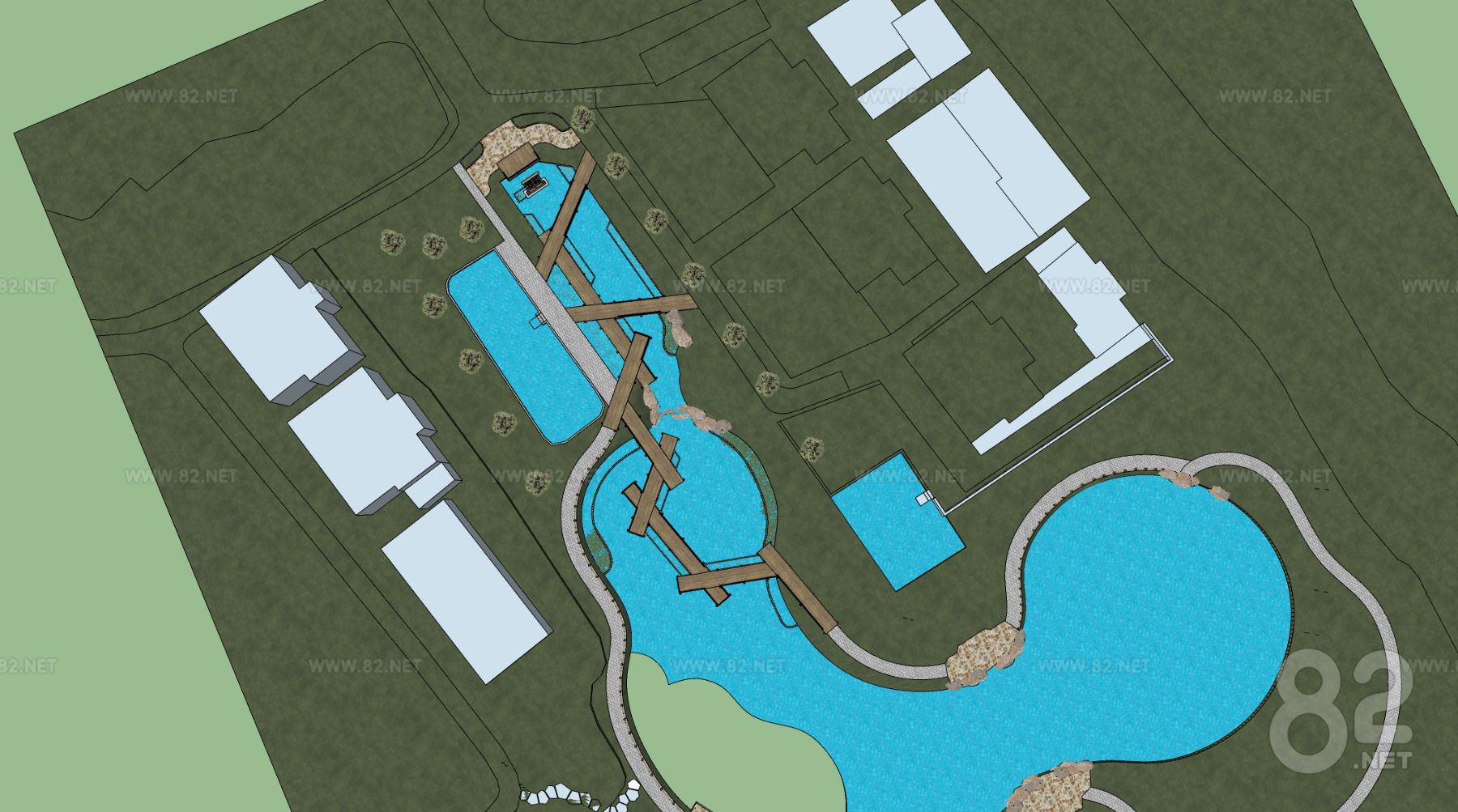 Pond landscape bridge bamboo plank road | SketchUp(.skp) - 82Models