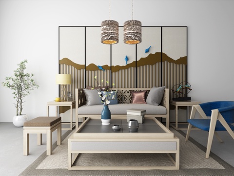 New Chinese Sofa Coffee Table Chandelier Decorative Cabinet Combination ...