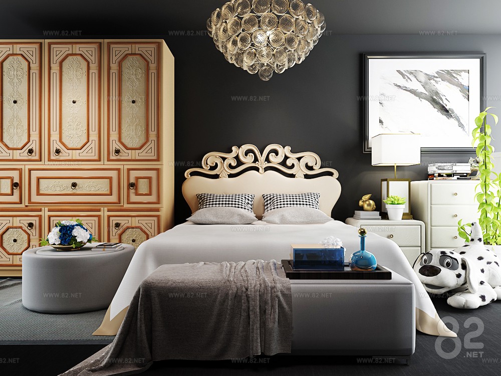 European-style Double Bed Wardrobe Side Cabinet Combination | 3Ds Max(.max) - 82Models