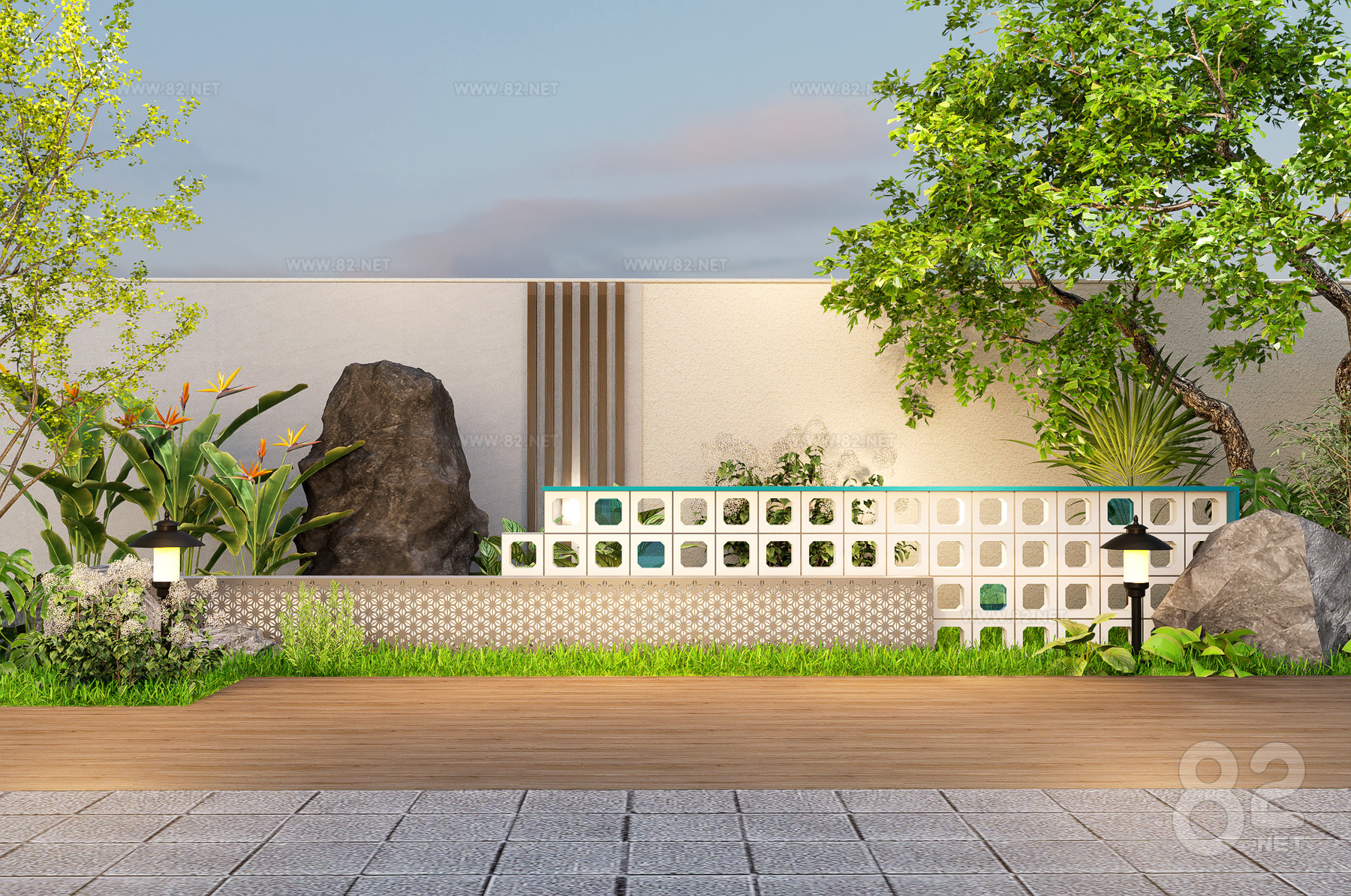 Modern villa courtyard wall landscape hollow Landscape Wall small low ...
