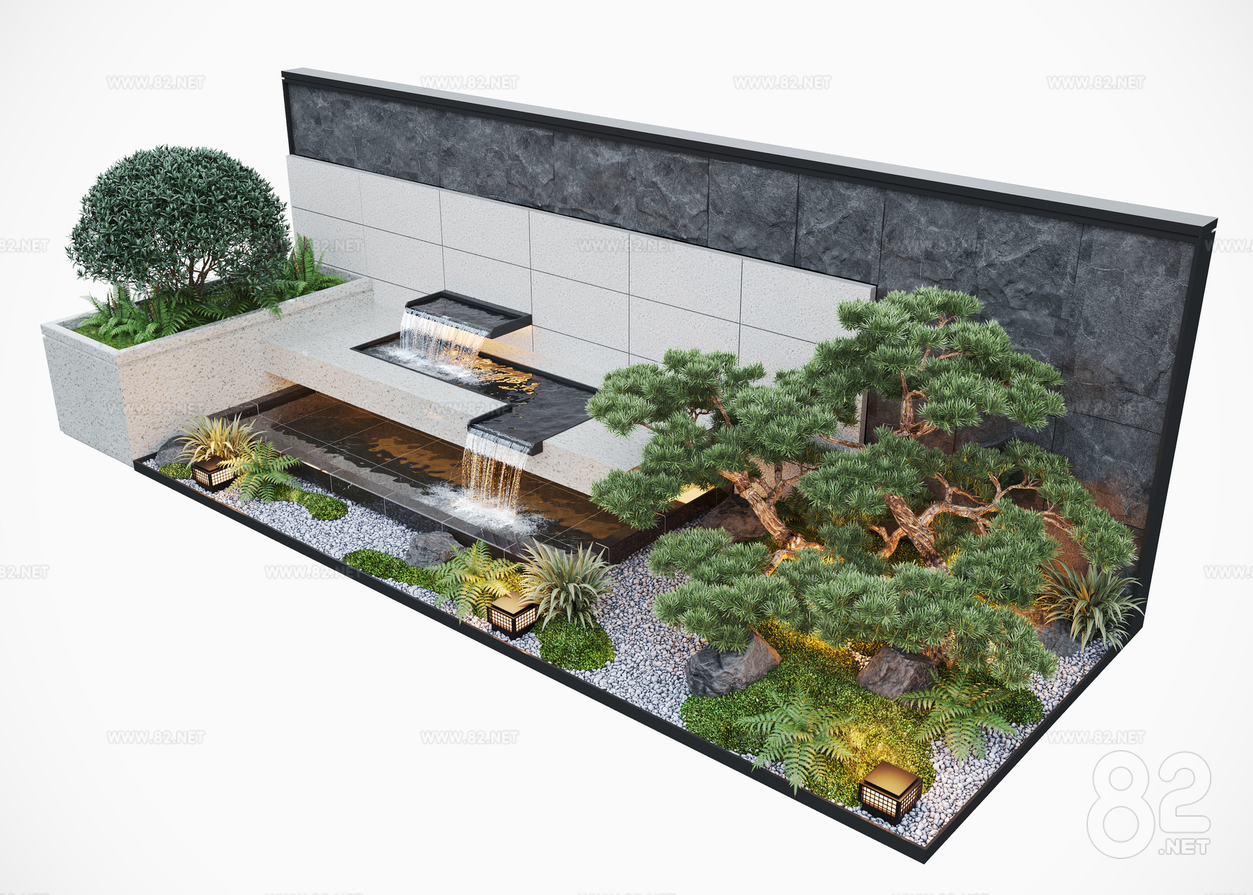 Modern courtyard waterscape wall stacked water pool pine download | 3Ds ...