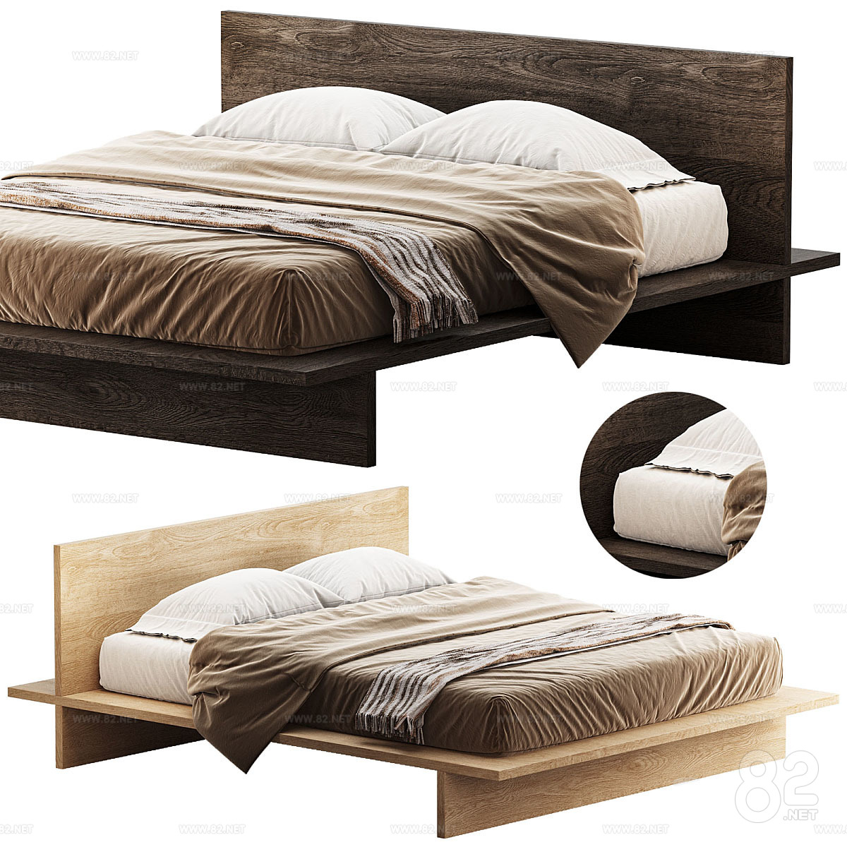 Wabi-sabi Style Double Bed Homestay Double Bed Wooden Frame Bed Bedding Solid Wood Headboard ...