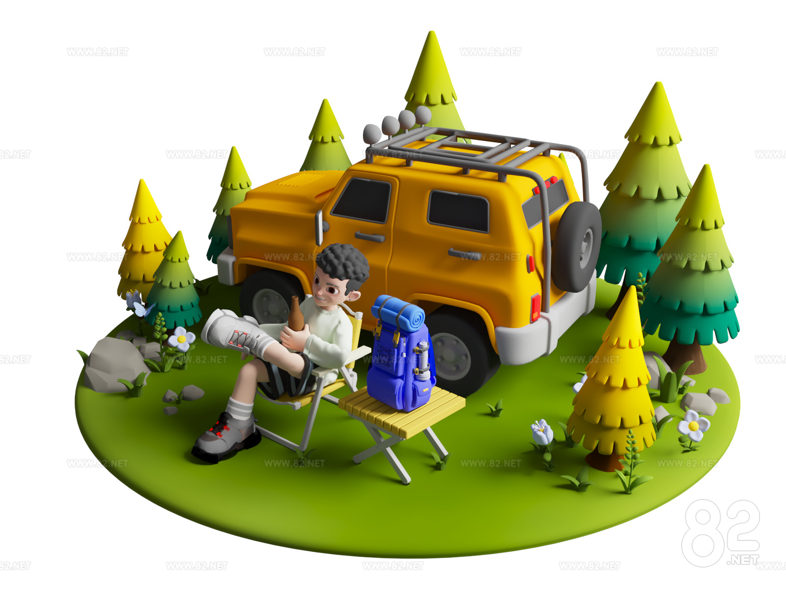 Cartoon Character Vehicle Camping Scene 3d Cartoon Camping Camping Mei ...