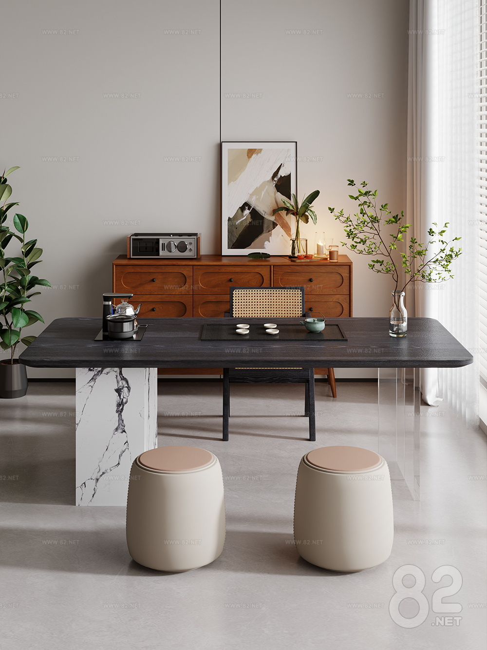 Cream Style Large Board Table Tea Table and Chair Combination Tea Table ...