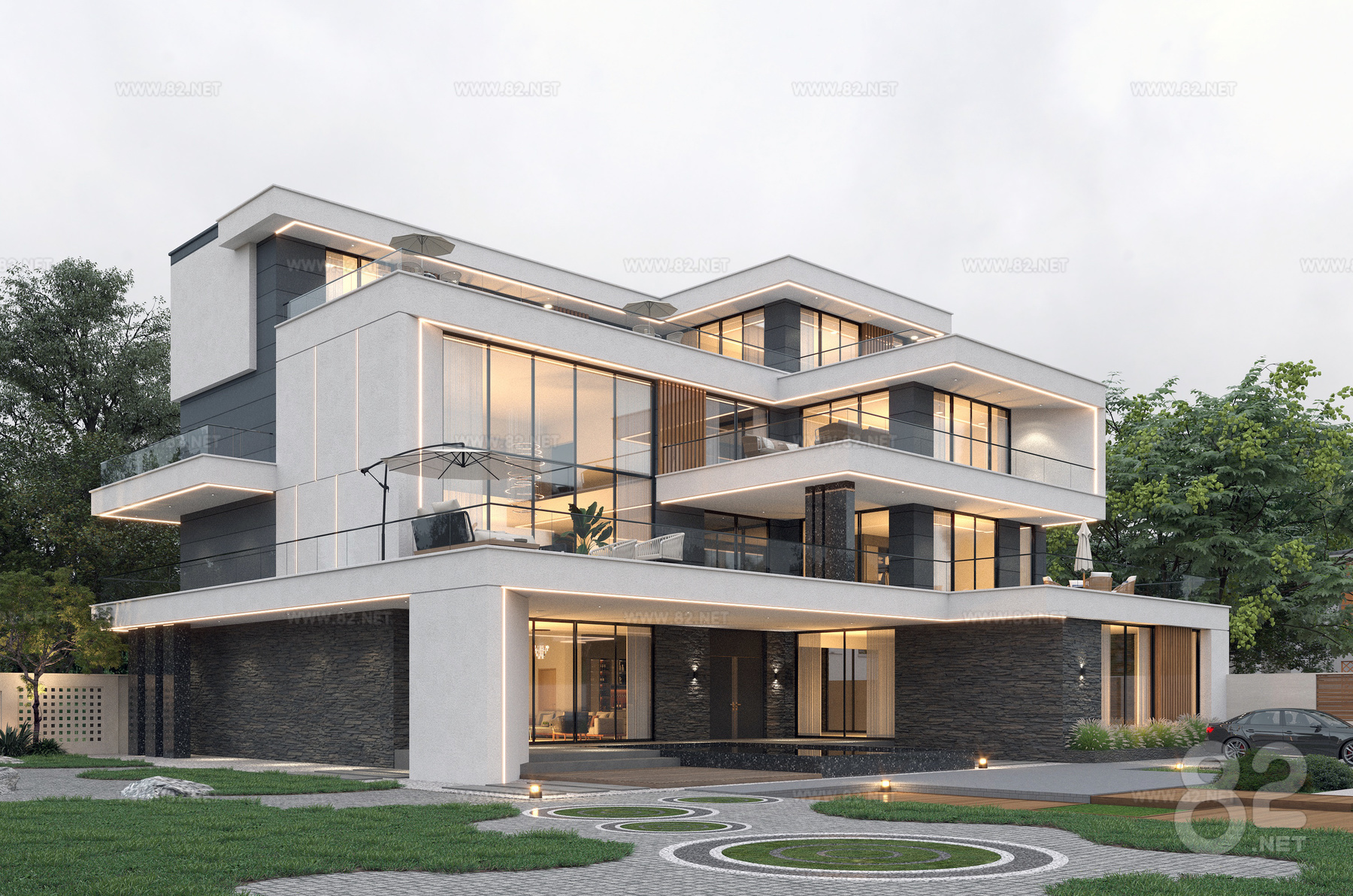 Modern villa night view building exterior courtyard wall download 3D ...