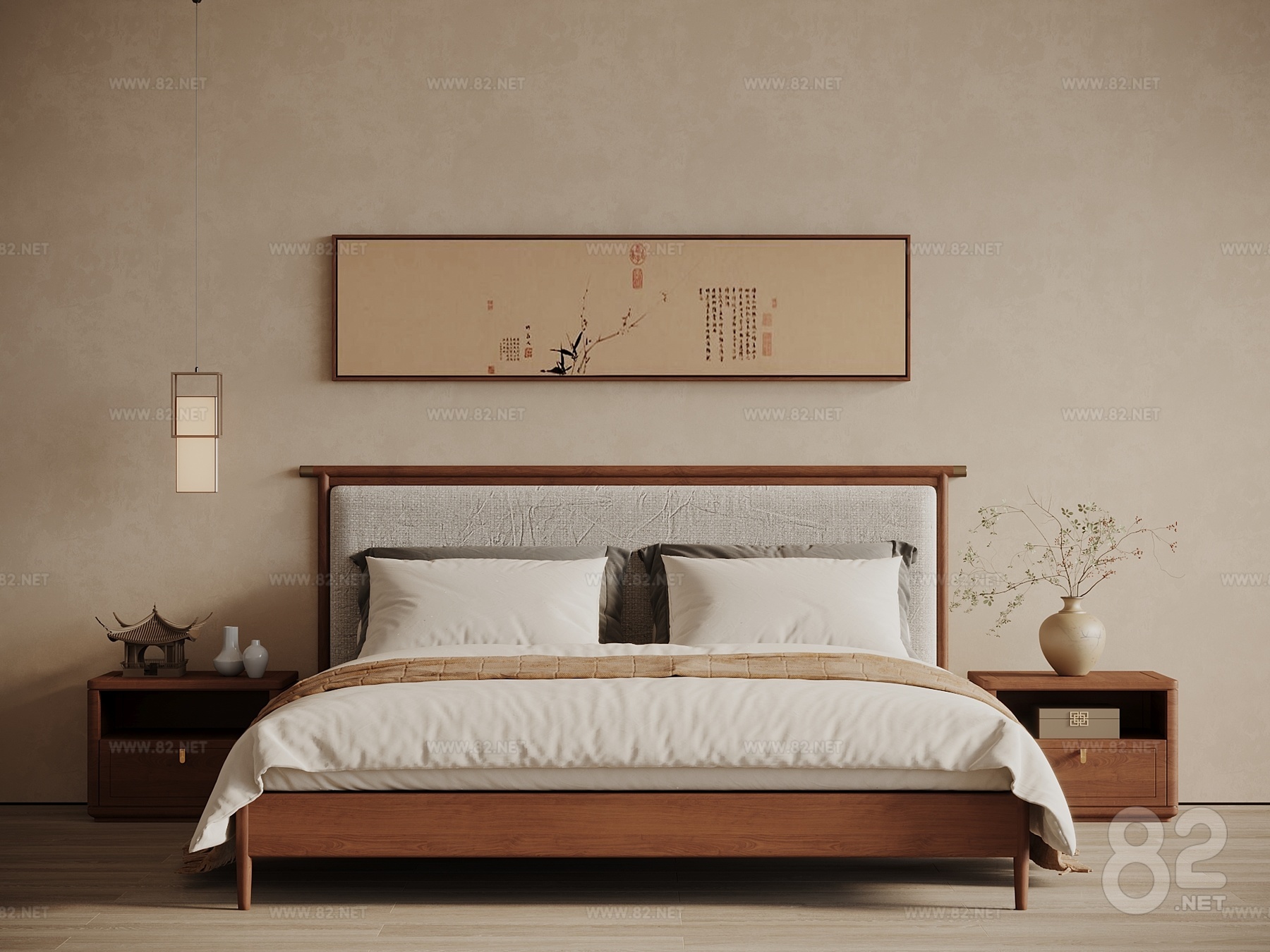 Mid-century Style Neo-Chinese Style Bed Bedside Cabinet Bedside Chandelier download | 3Ds Max ...