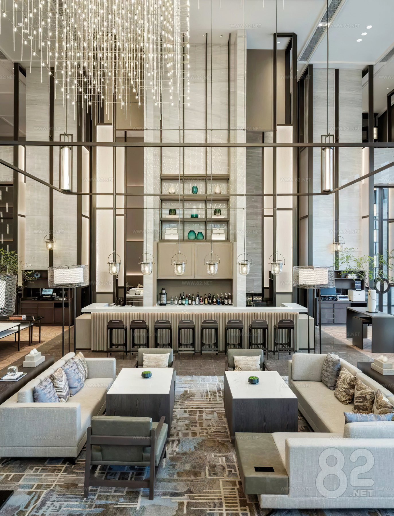 Modern hotel lobby bar front desk water bar sales office company lobby ...