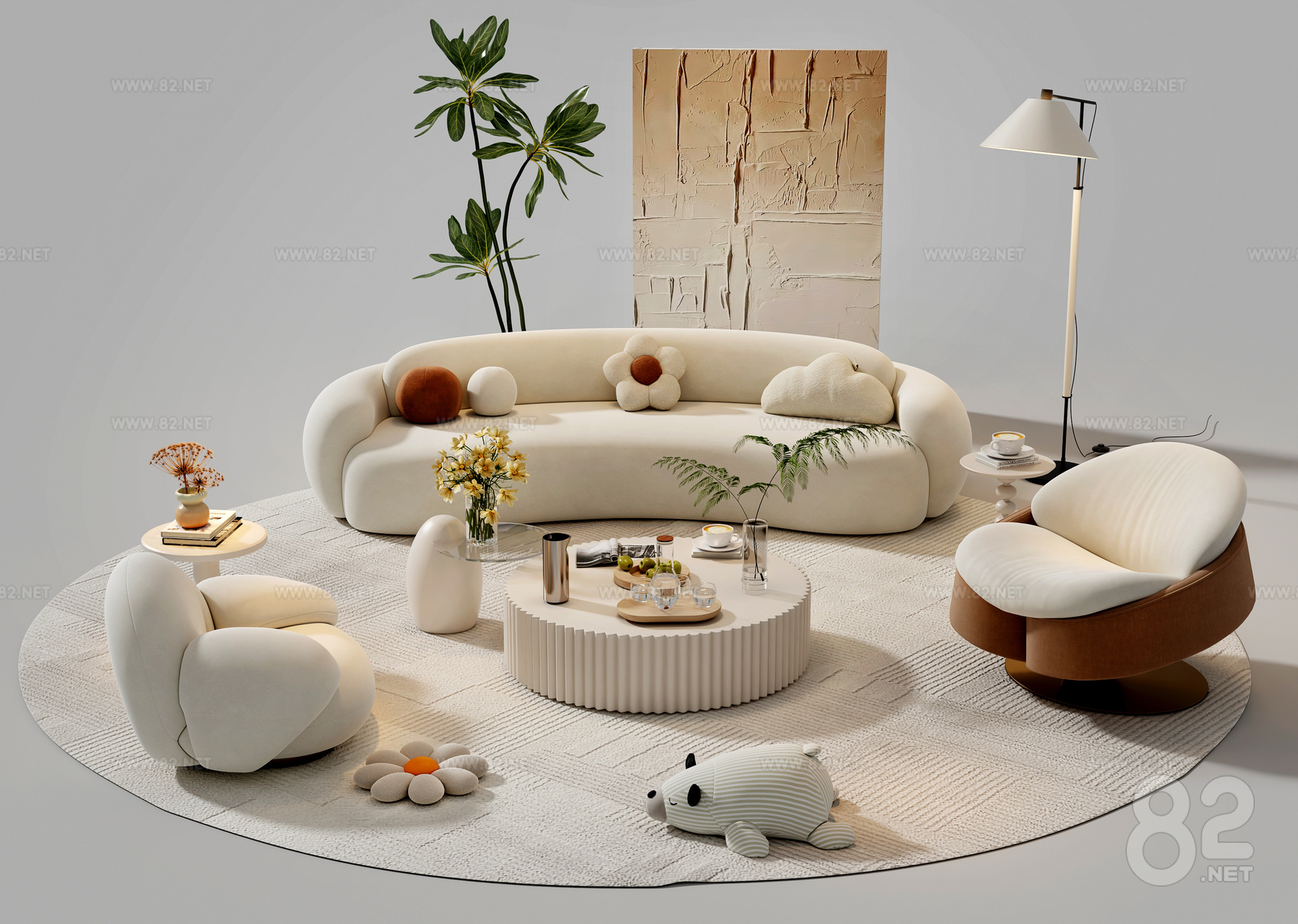 Modern Cream Sofa Combination Curved Sofa Coffee Table Combination ...