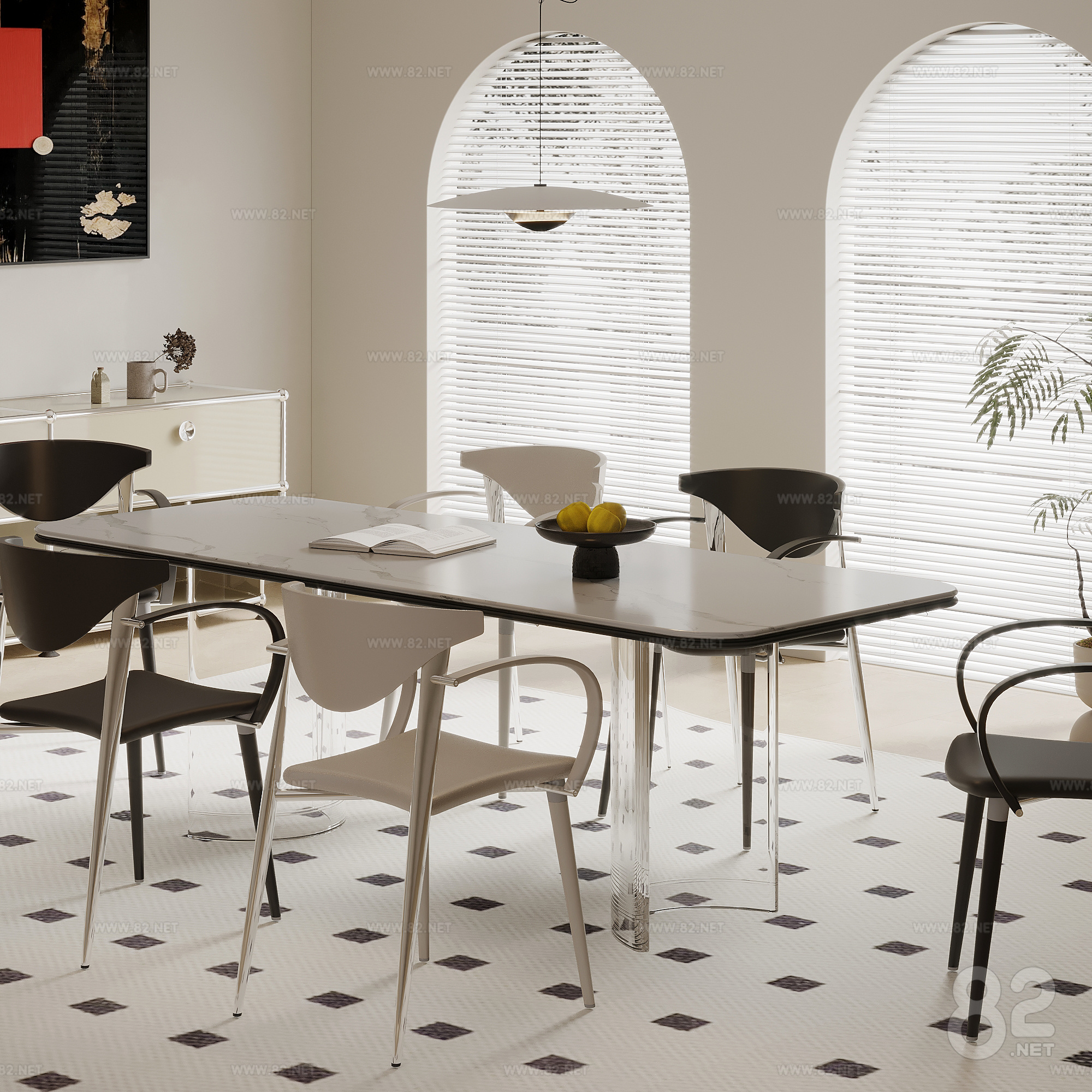 DiningRoom Modern Vintage Restaurant Dining Table and Chair Combination Sideboard Chandelier ...