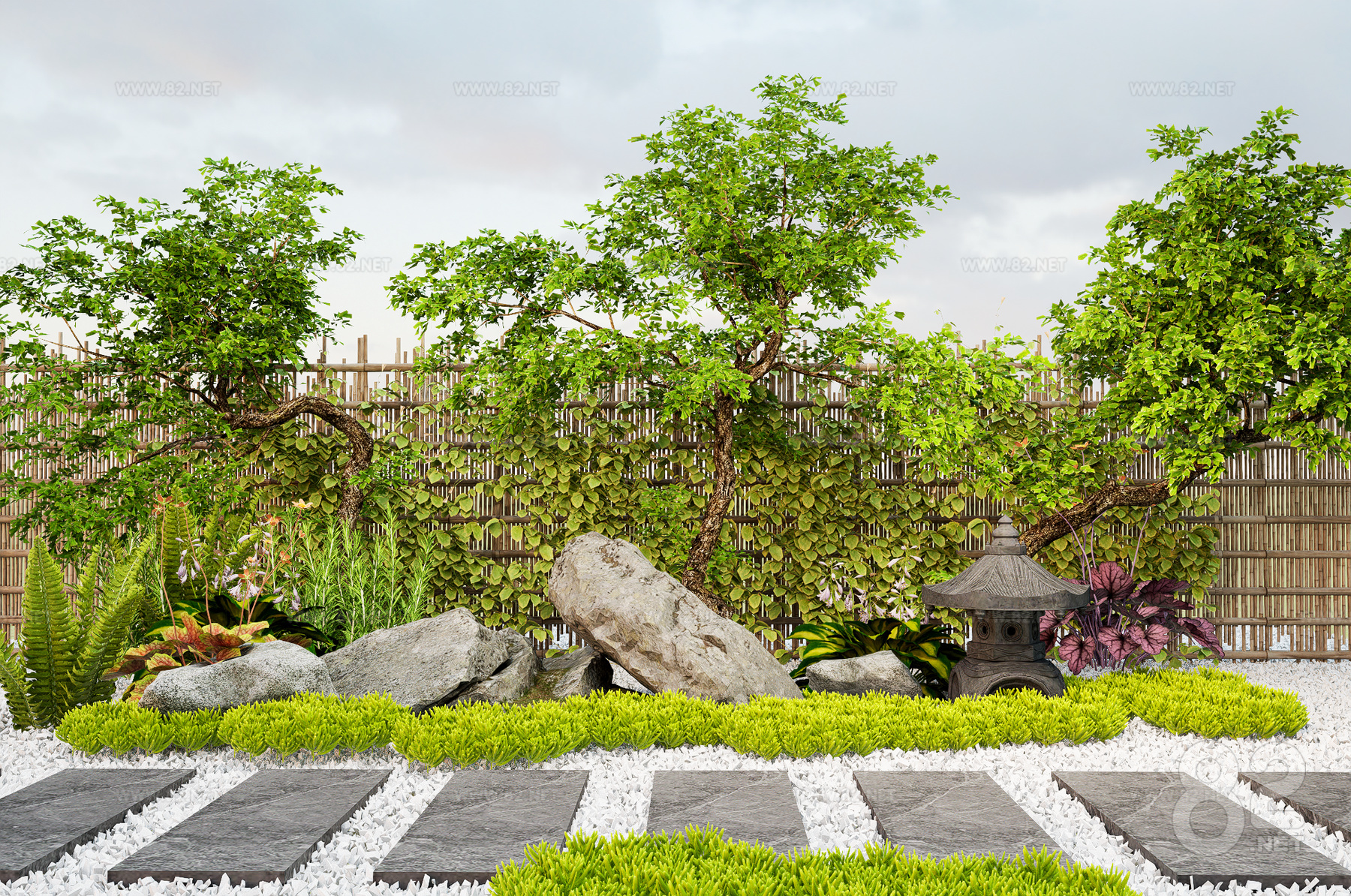 Landscape tree courtyard tree cover stone fence green wall download ...
