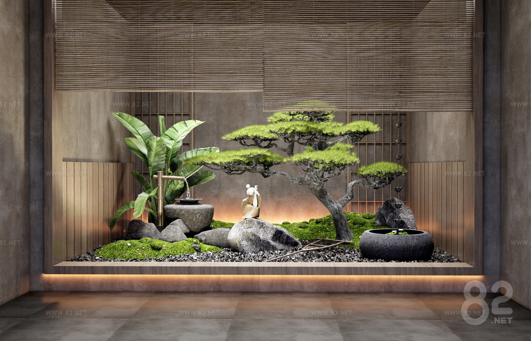 Japanese-style indoor landscape water bowl waterscape moss landscape pine plant landscaping ...