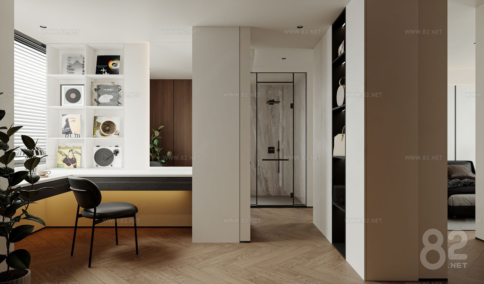 Modern Cloakroom Panel Dressing Table Dressing Chair Panel Wardrobe Glass Wardrobe Potted Plant ...