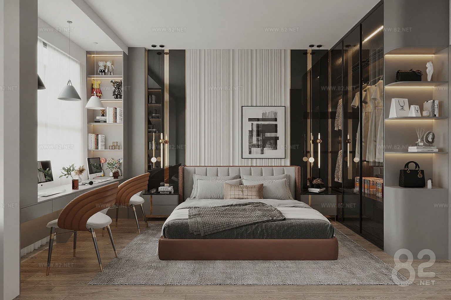 Modern Simple Style Bedroom Cortical Bed Vertical Stripe Wall Black and ...