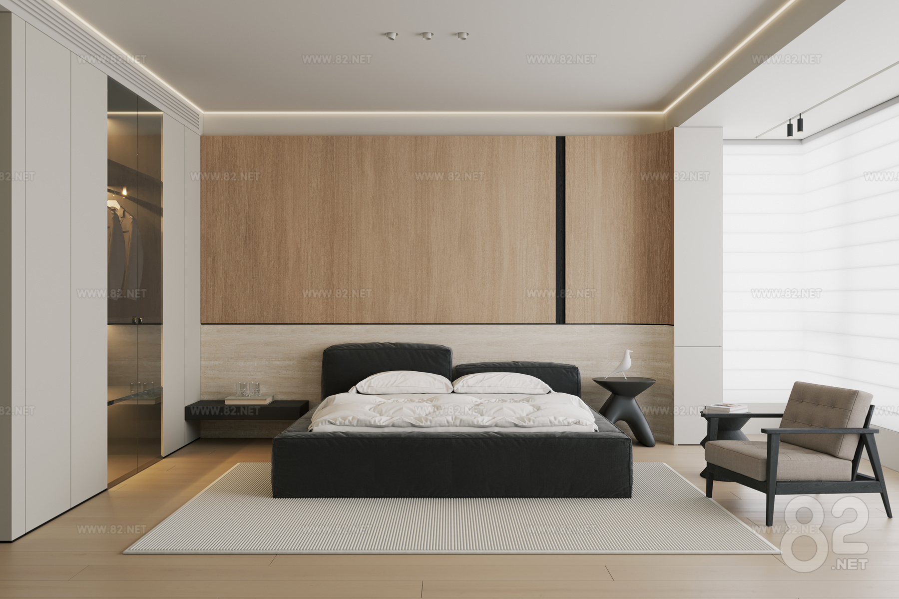 Modern Minimalist Bedroom Bay Window Bedroom Black and White Master Bedroom download | 3Ds Max ...