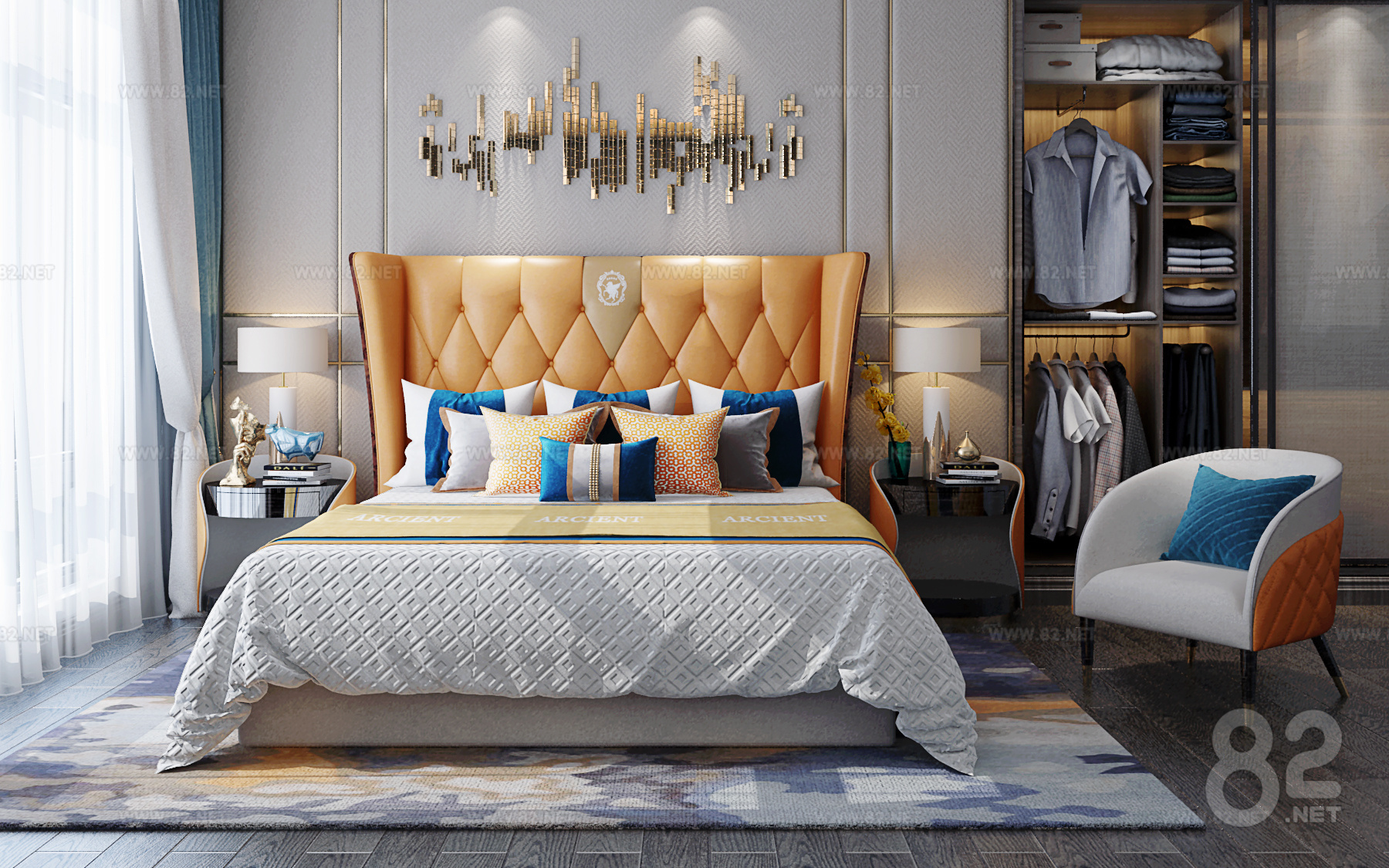 Modern Post-modern Affordable Luxury Style Bedroom Double Bed Bedside ...