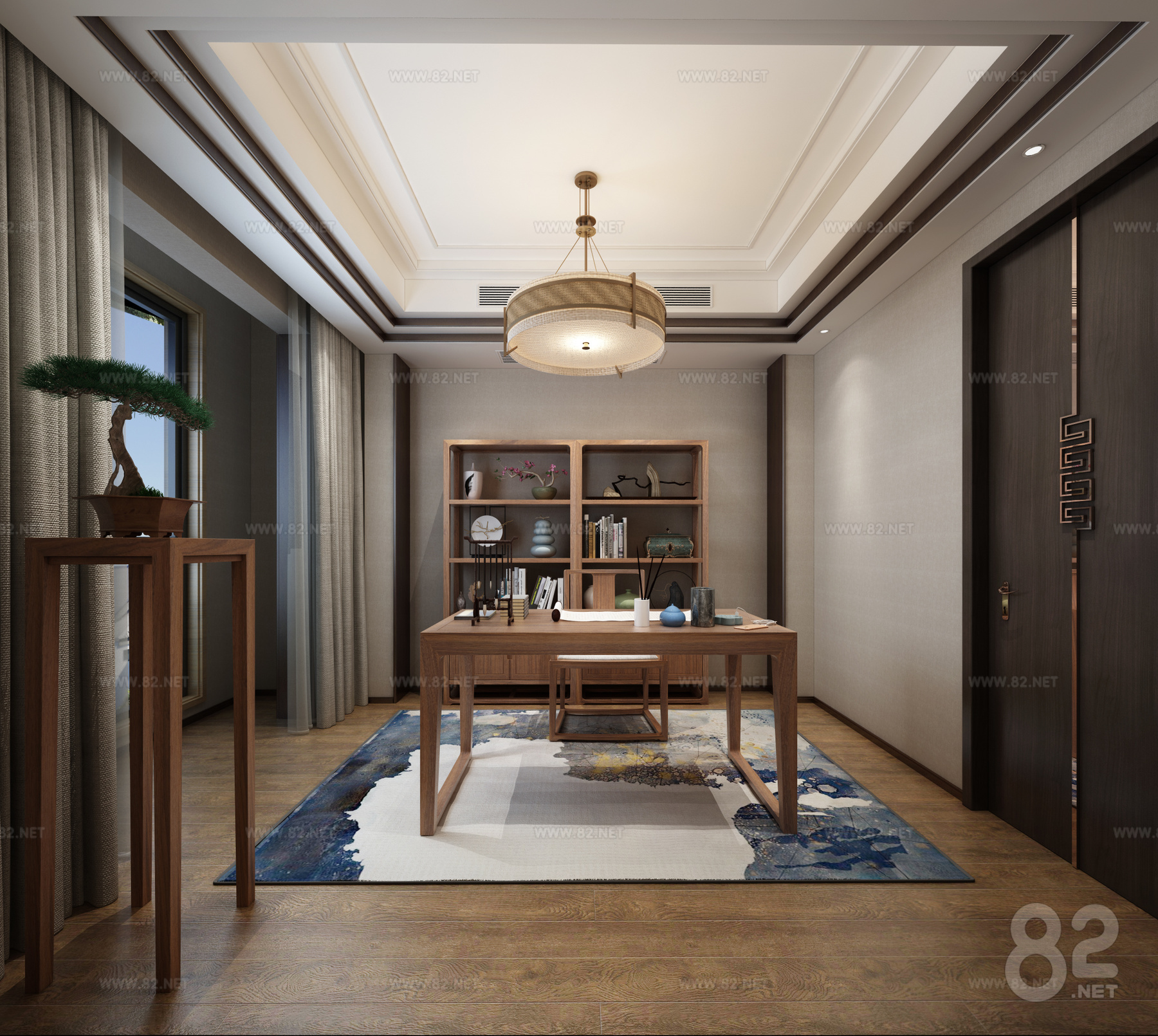 Neo-Chinese Style Study Library Book Bar Catering Beverage Shop Reception Cashier Table download ...