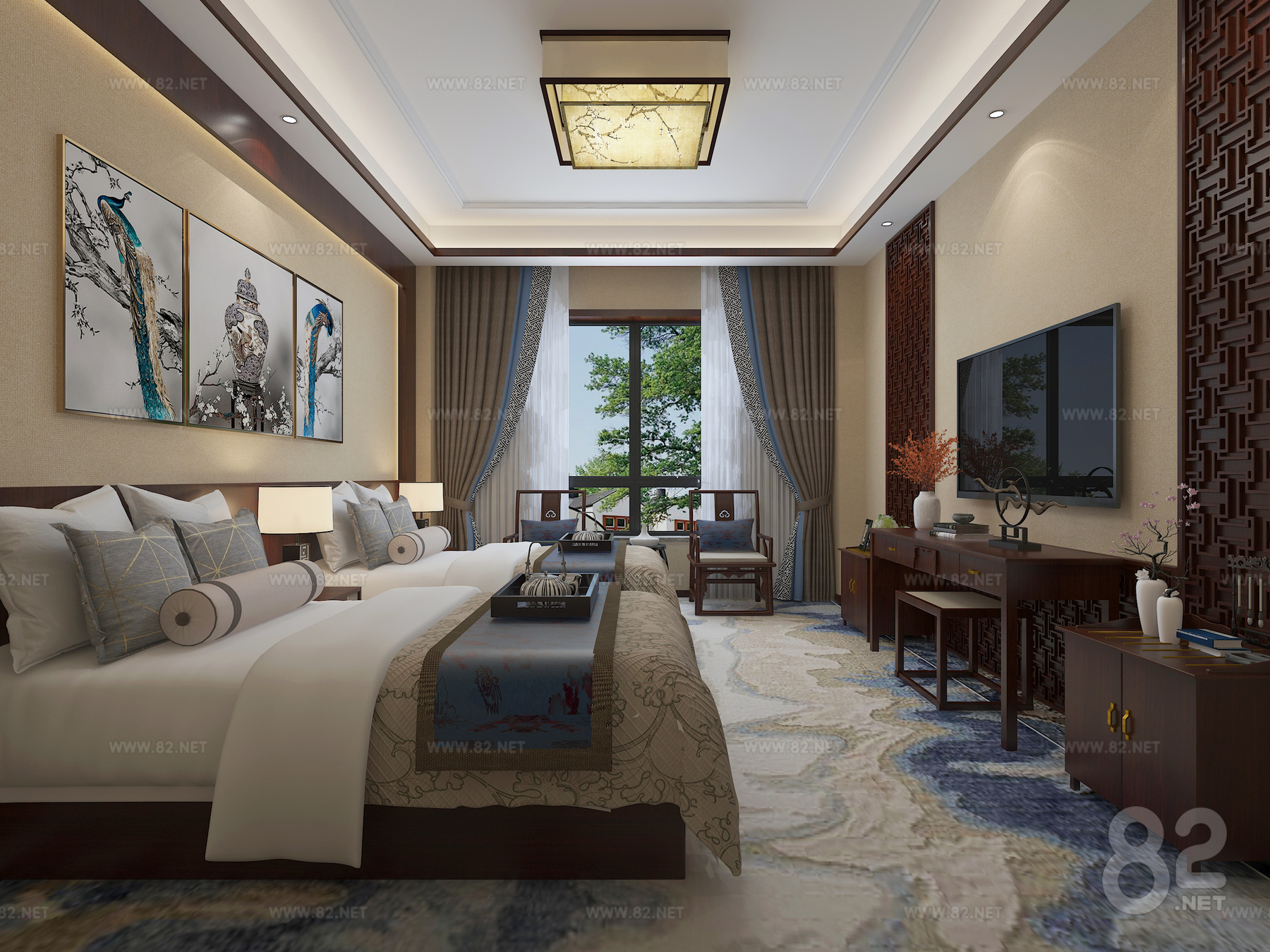 New Chinese Hotel Room Standard Bed Bedside Cabinet download | 3Ds Max ...