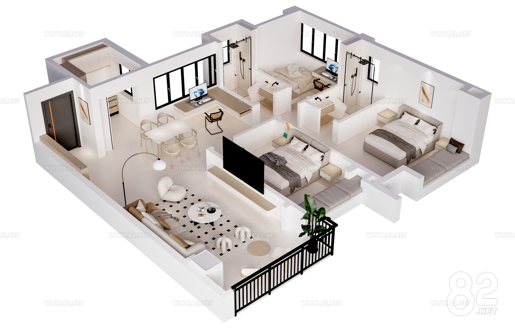 Modern Log Cream Indoor Aerial View Whole House Scheme download ...