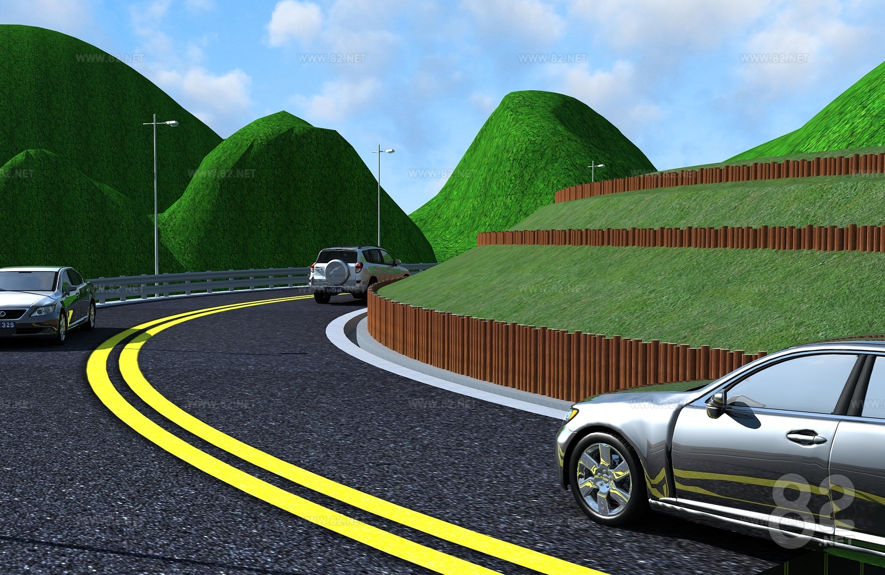 Mountain road slope protection single row wooden pile fence download ...
