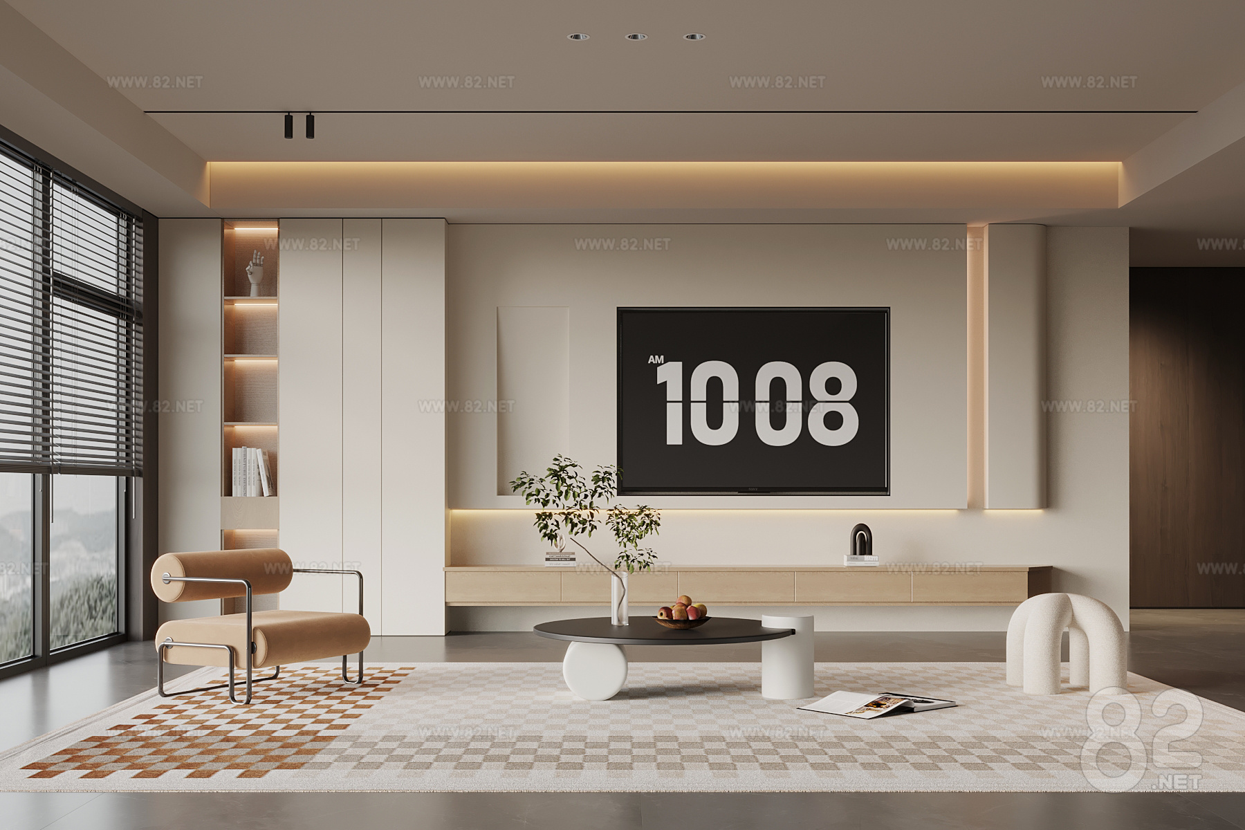 Modern cream style living room TV Wall sofa coffee table combination ...