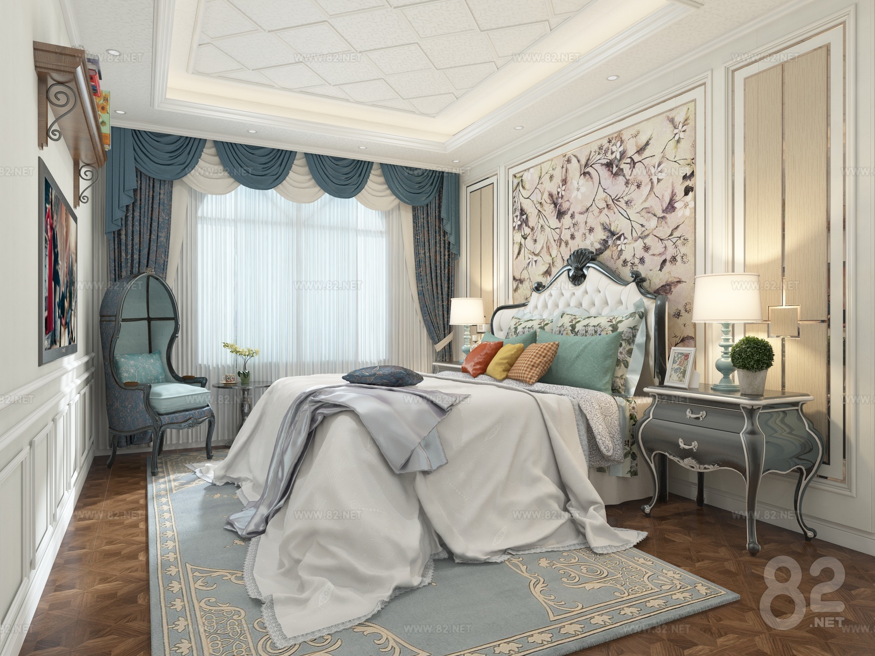 European-style Simple Bedroom Double Bed Table Lamp Wall Chair download ...