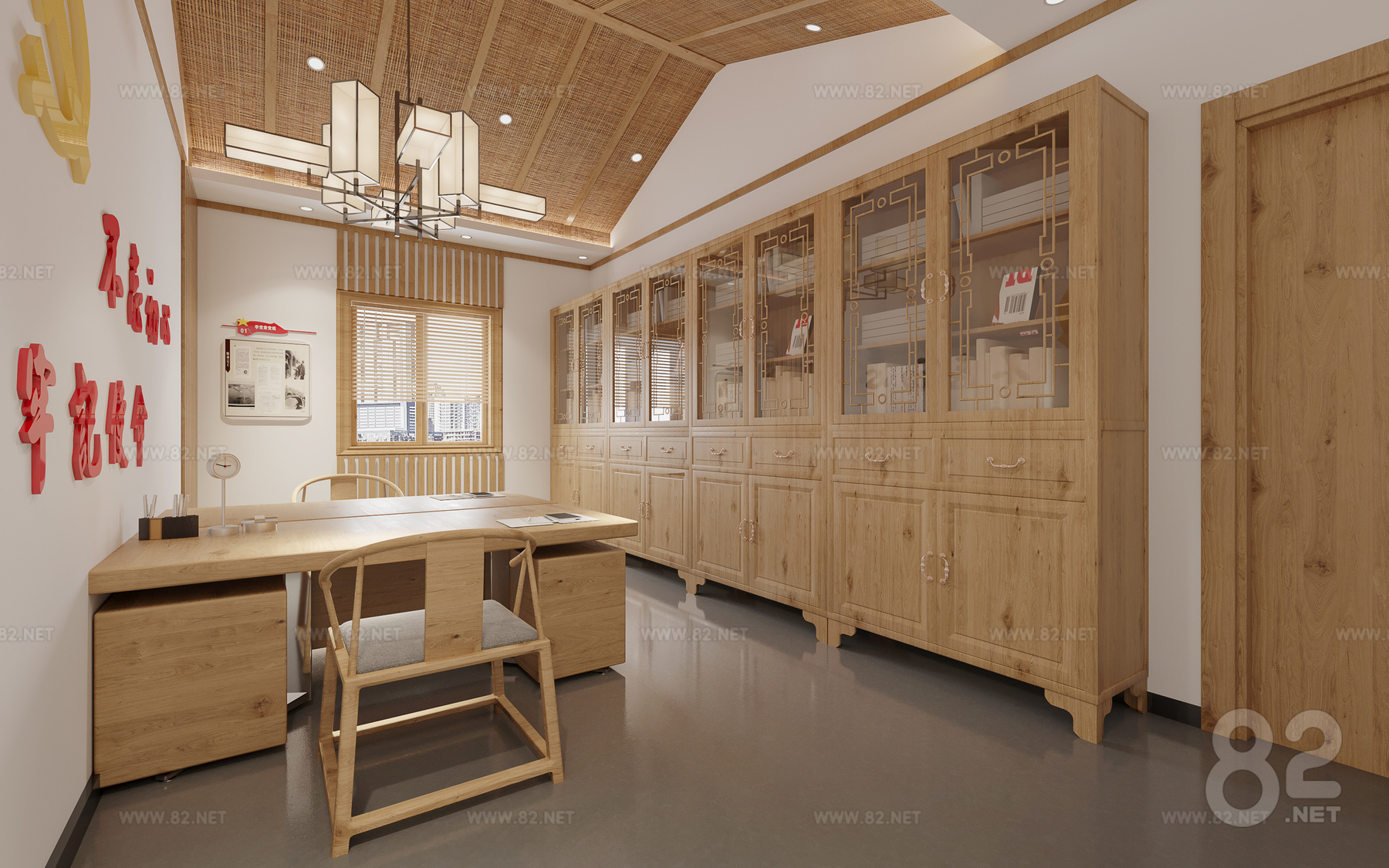 New Chinese-style office desk and chair bookcase 3D model download ...
