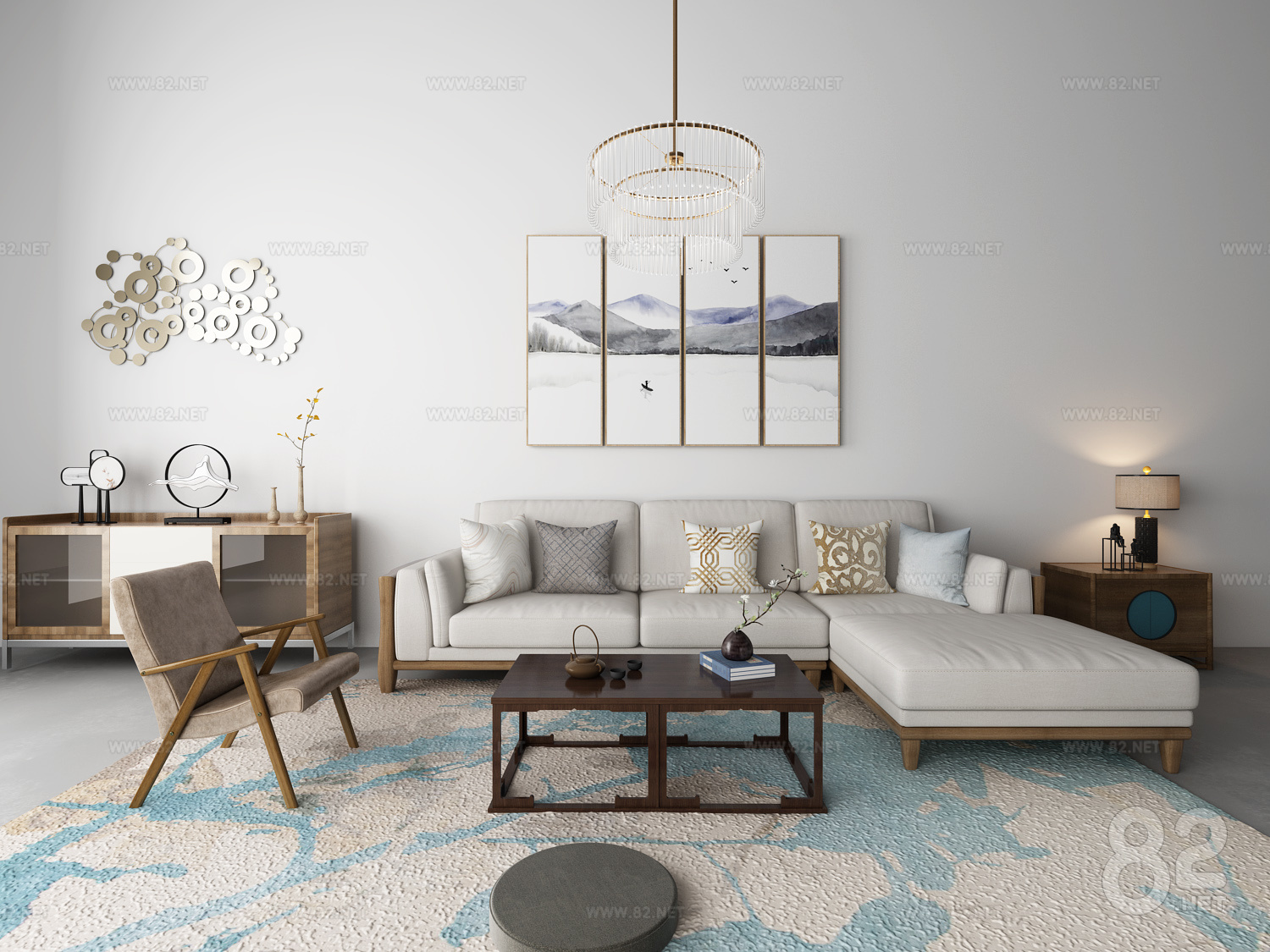 New Chinese Sofa Coffee Table Chandelier Decorative Cabinet Combination ...