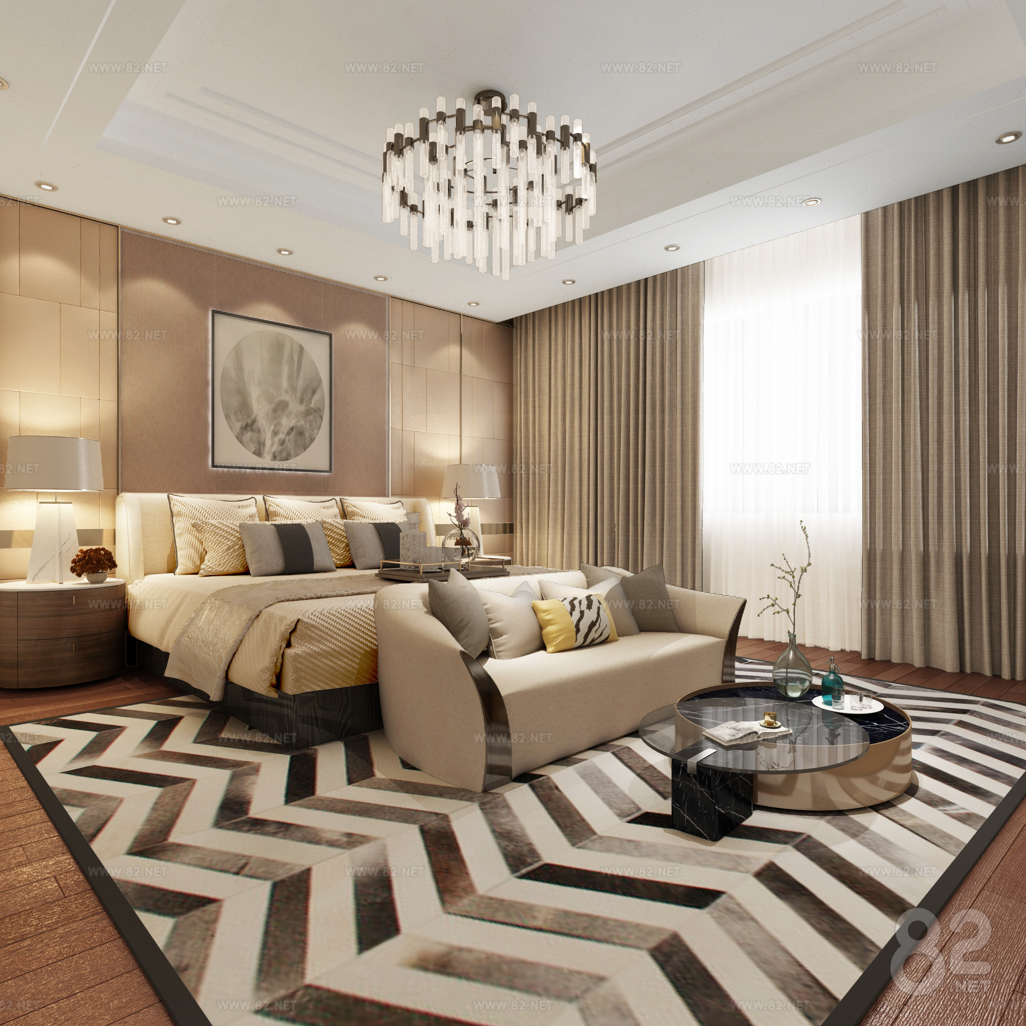 Modern Bedroom Chandelier Double Bed Bed End Sofa Hanging Picture ...