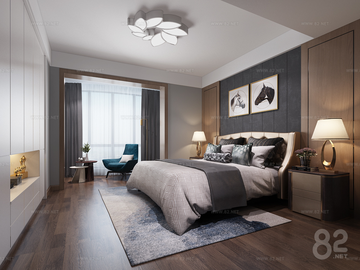 Modern Bedroom Bed Bedside Table Lamp Hanging Picture Chair Coffee ...